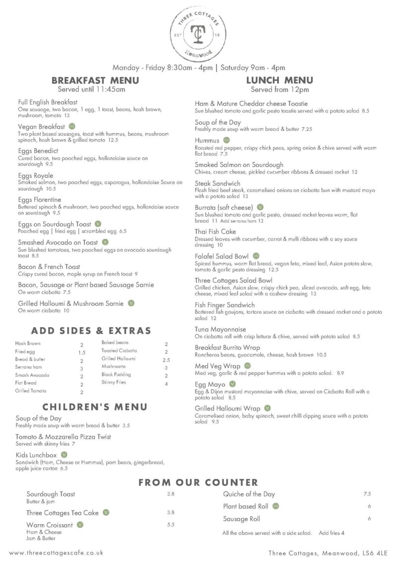 Food Menu | Breakfast Brunch & Lunch | Three Cottages Cafe